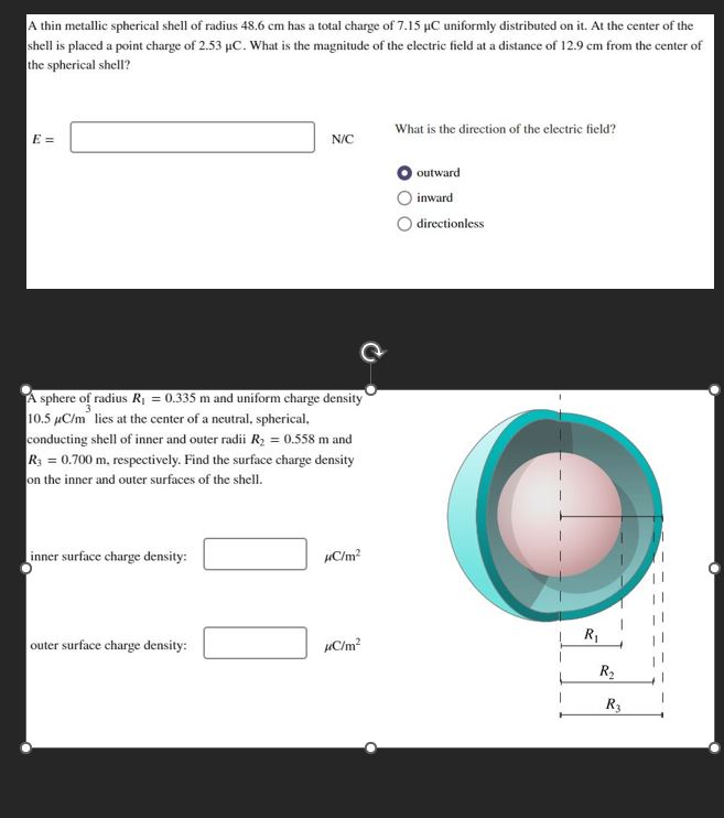 Solved A thin metallic spherical shell of radius 48.6 cm has | Chegg.com