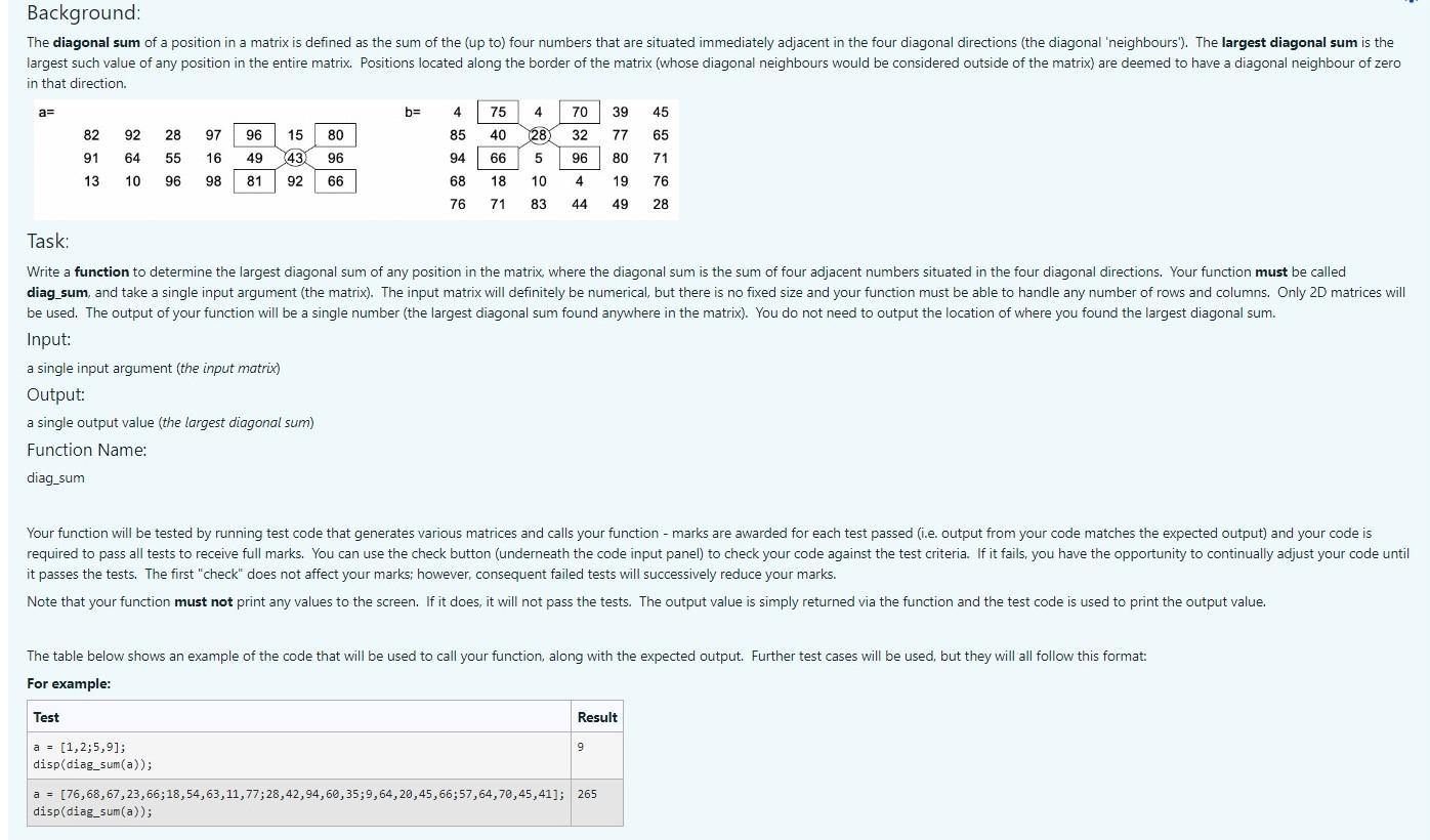 Solved Background: The diagonal sum of a position in a | Chegg.com