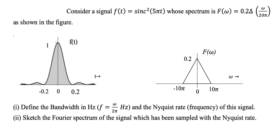 Solved Consider a signal f(t) = sinc?(57t) whose spectrum is | Chegg.com