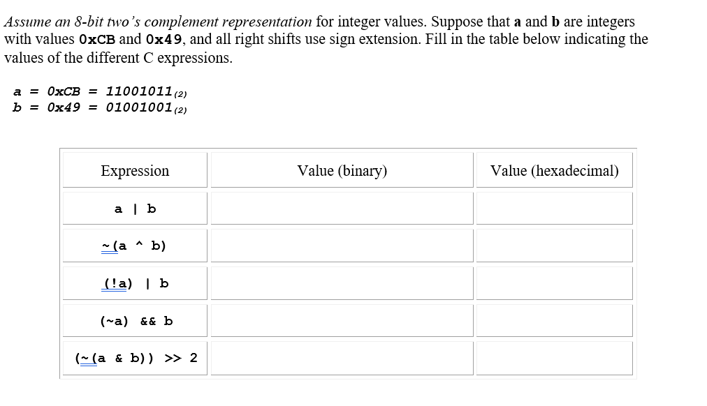 Solved Assume an 8-bit two's complement representation for | Chegg.com