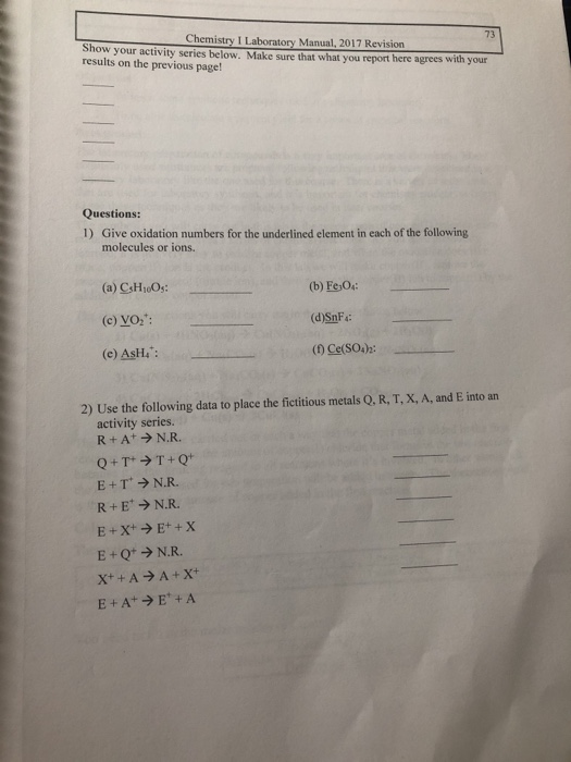 Solved 73 Chemistry I Laboratory Manual, 2017 Revision Show | Chegg.com