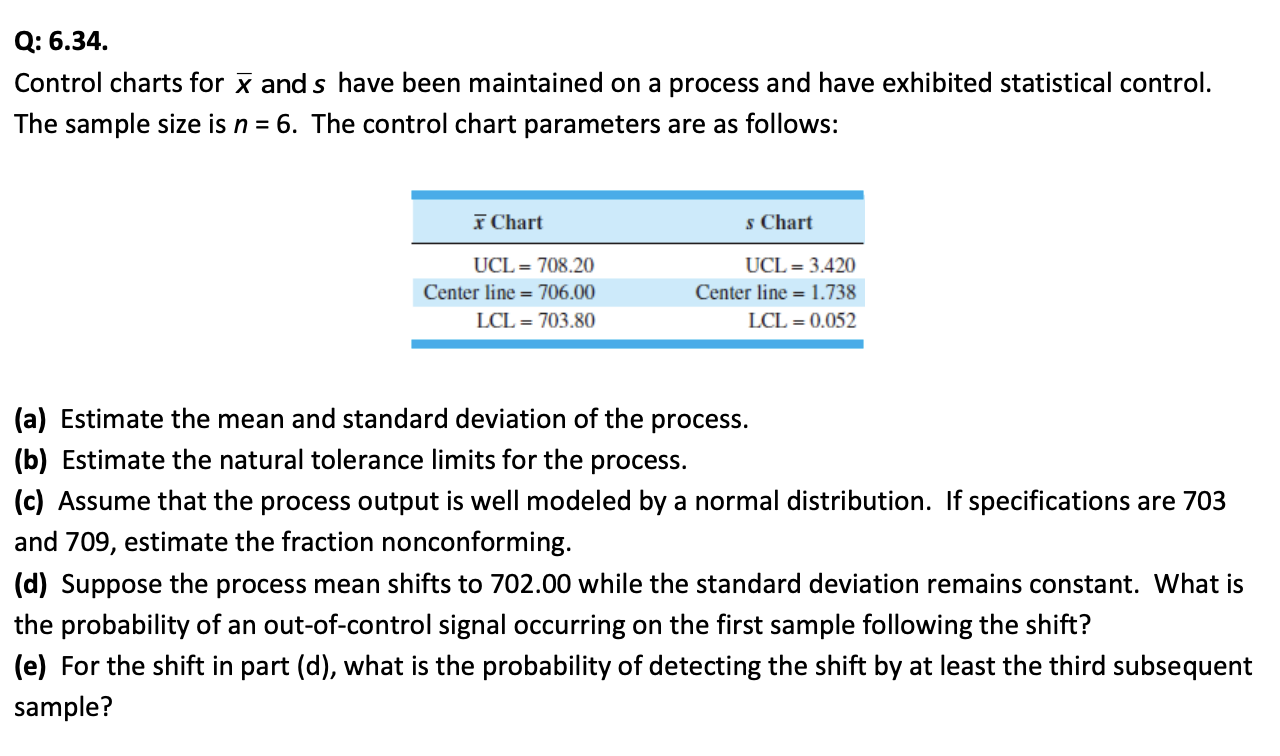 Solved Q: 6.34. Control charts for x and s have been | Chegg.com