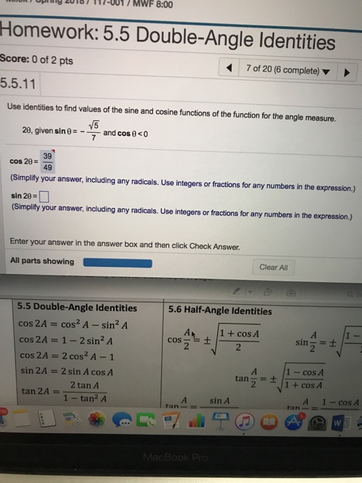 Solved opg 117-0017 MWF 8:00 Homework: 5.5 Double-Angle | Chegg.com