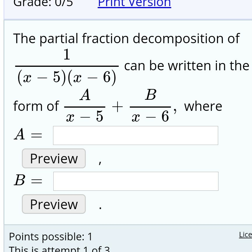 Solved Print version The partial fraction decomposition of 1 | Chegg.com