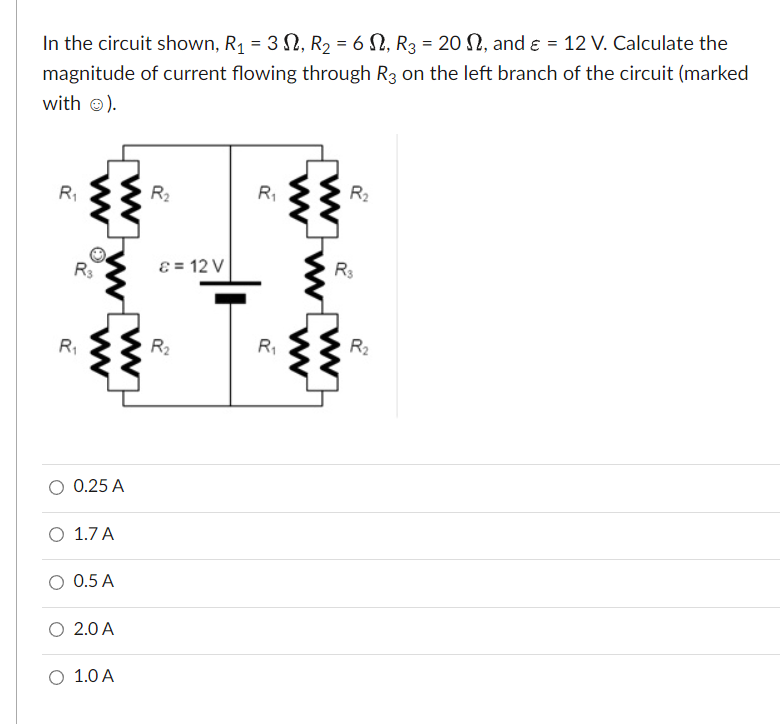 Solved In the circuit shown, R1=3Ω,R2=6Ω,R3=20Ω, and ε=12 V. | Chegg.com