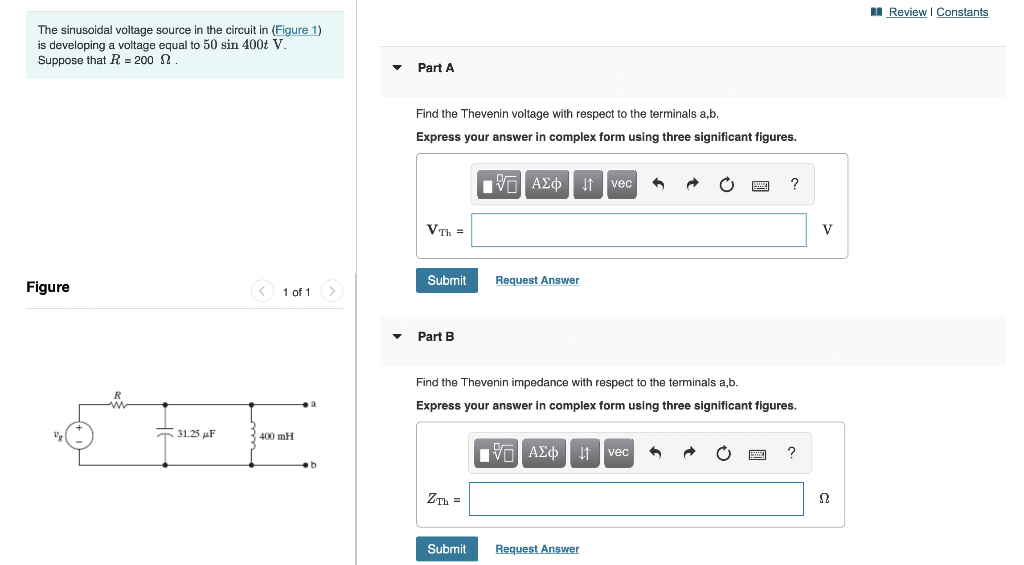 Solved A Review Constants The sinusoidal voltage source in | Chegg.com