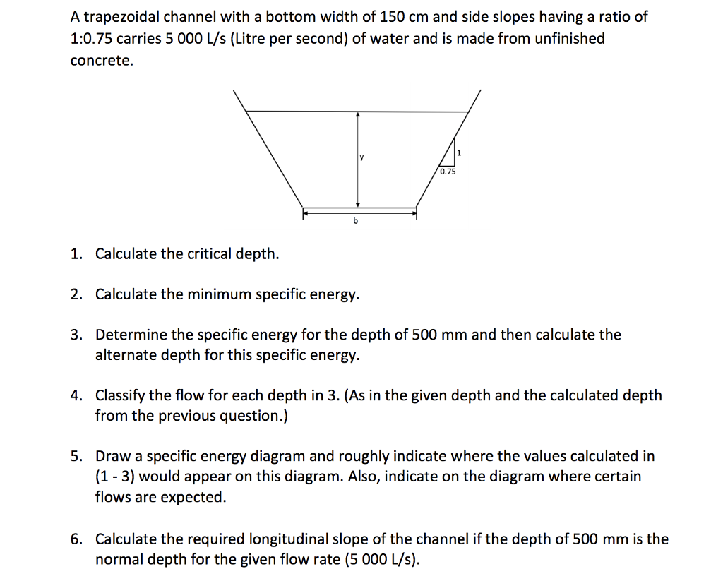 Solved A trapezoidal channel with a bottom width of 150 cm | Chegg.com