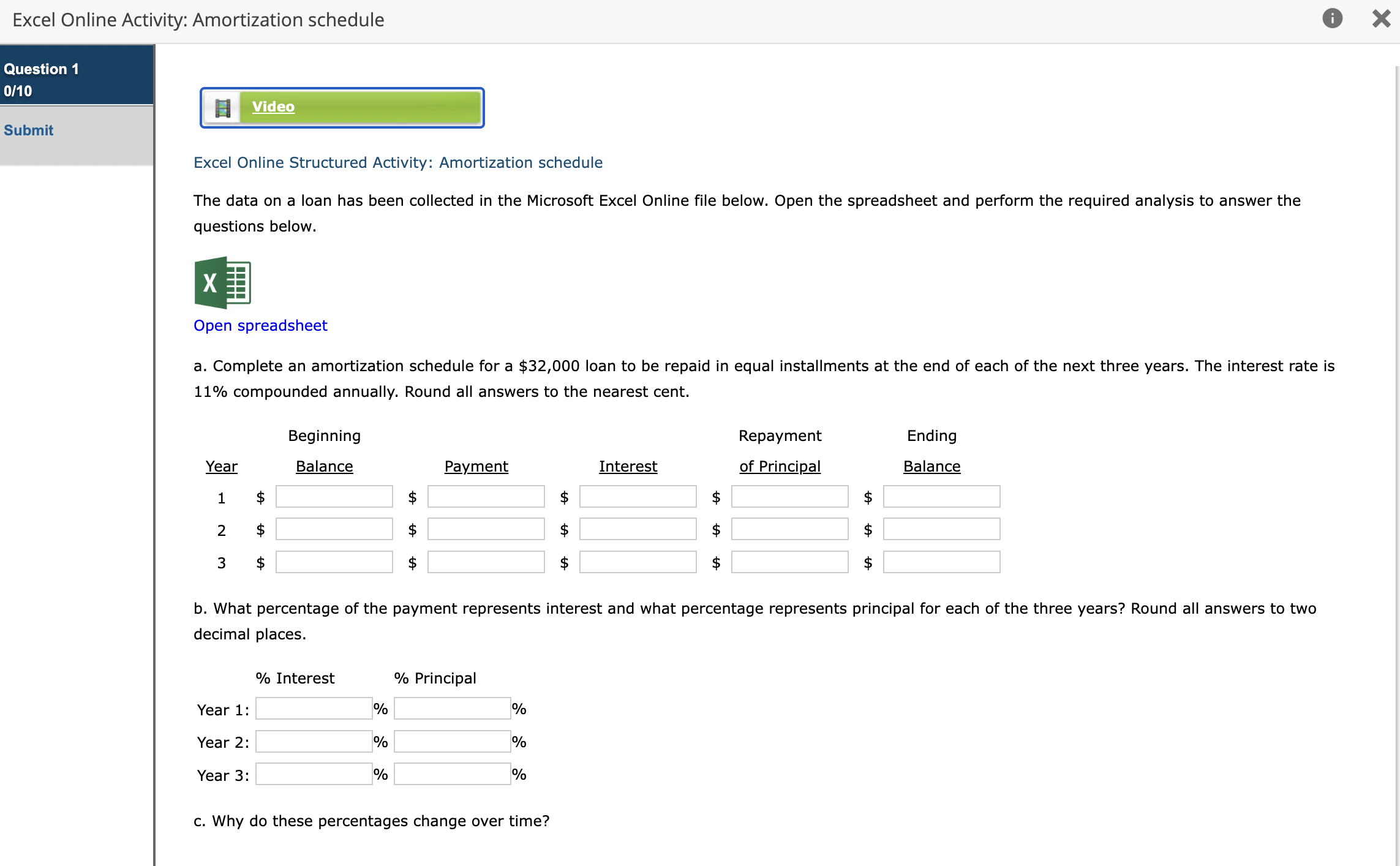 Solved Excel Online Activity: Amortization schedule Question | Chegg.com