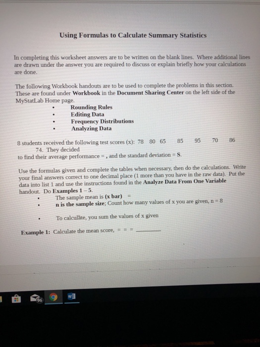 Solved Using Formulas to Calculate Summary Statistics In | Chegg.com