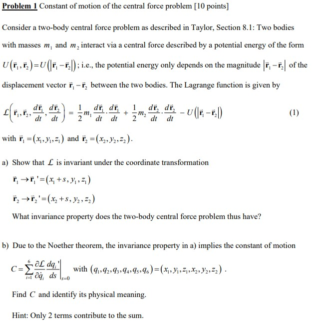Solved Problem 1 Constant of motion of the central force | Chegg.com