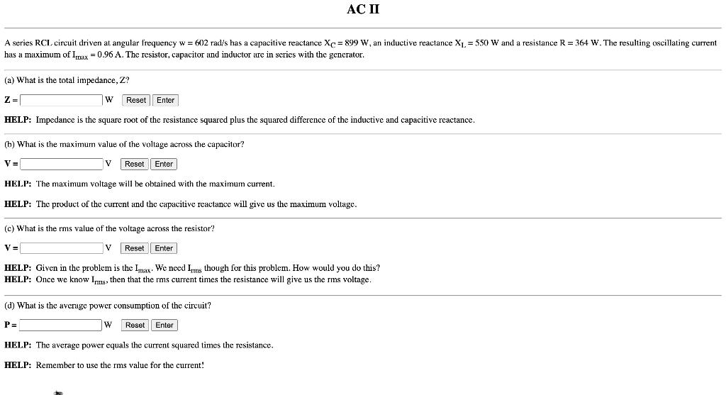Solved A series RCL circuit driven at angular frequency | Chegg.com
