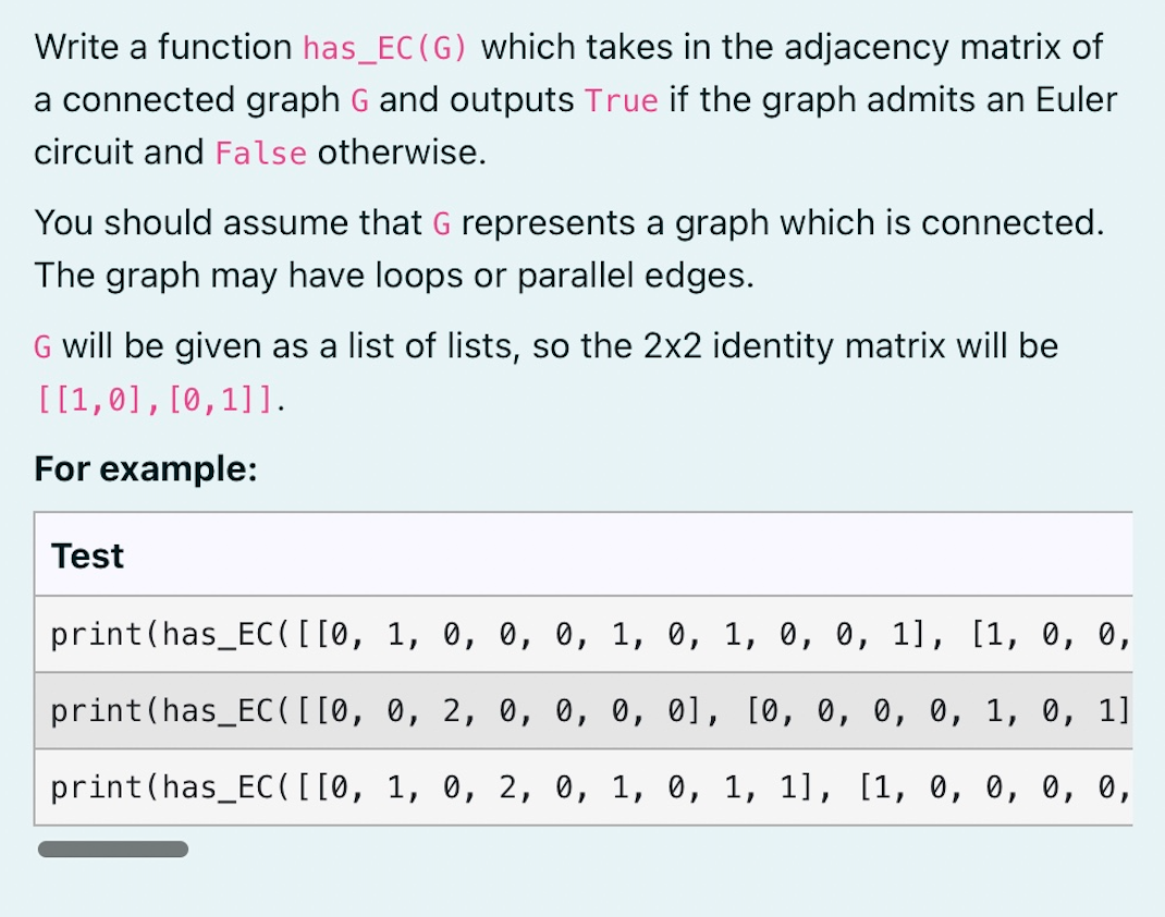 Solved Write a function has_EC ( G ) which takes in the | Chegg.com