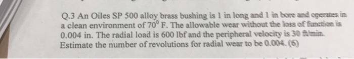 Solved Q.3 An Oiles SP 500 alloy brass bushing is 1 in long | Chegg.com