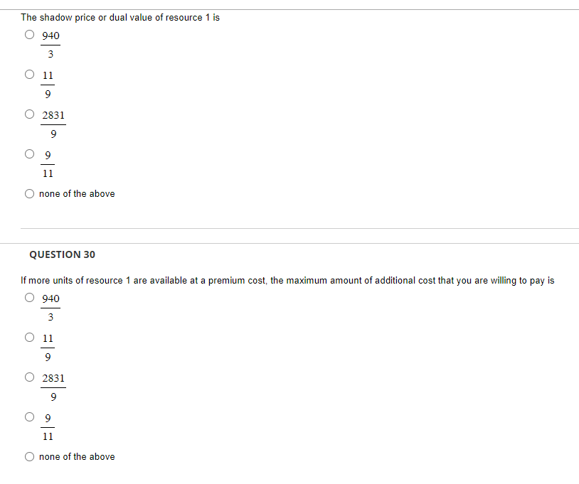 Solved The shadow price or dual value of resource 1 is | Chegg.com