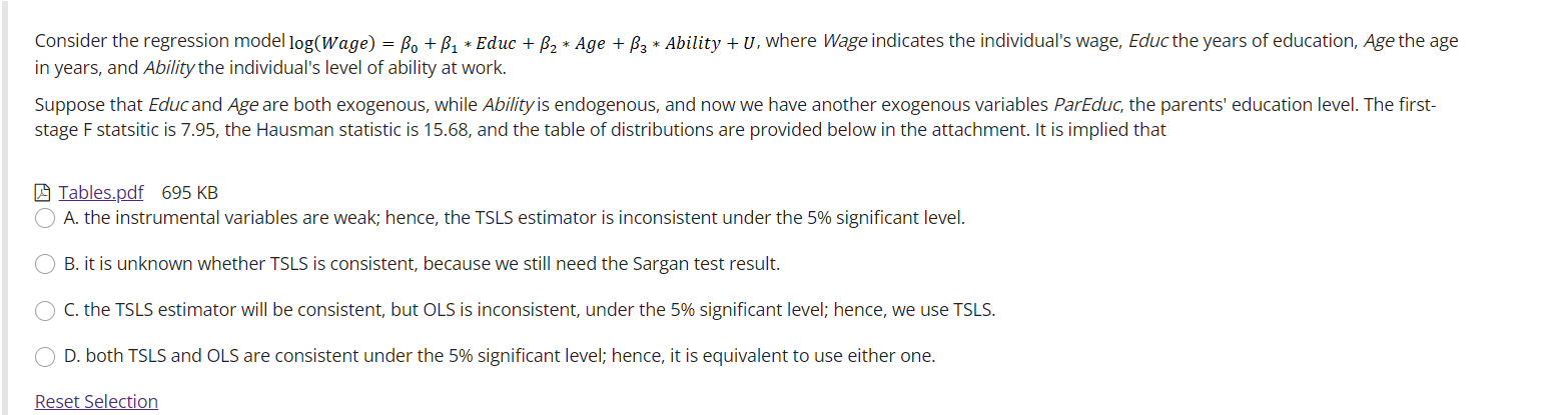 Solved Consider the regression model log(Wage) = Be + B2 * | Chegg.com