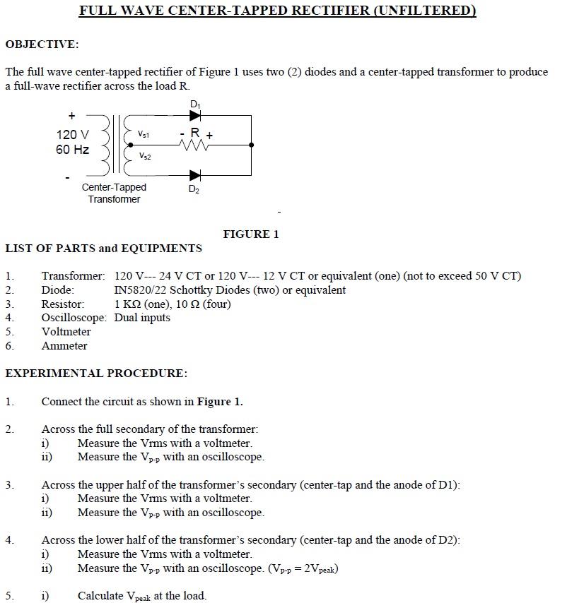 Solved Full Wave Center Tapped Rectifier Unfiltered 7237