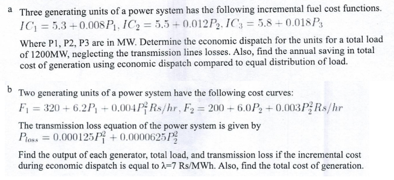 Solved b ﻿Two generating units of ﻿a power system have the | Chegg.com