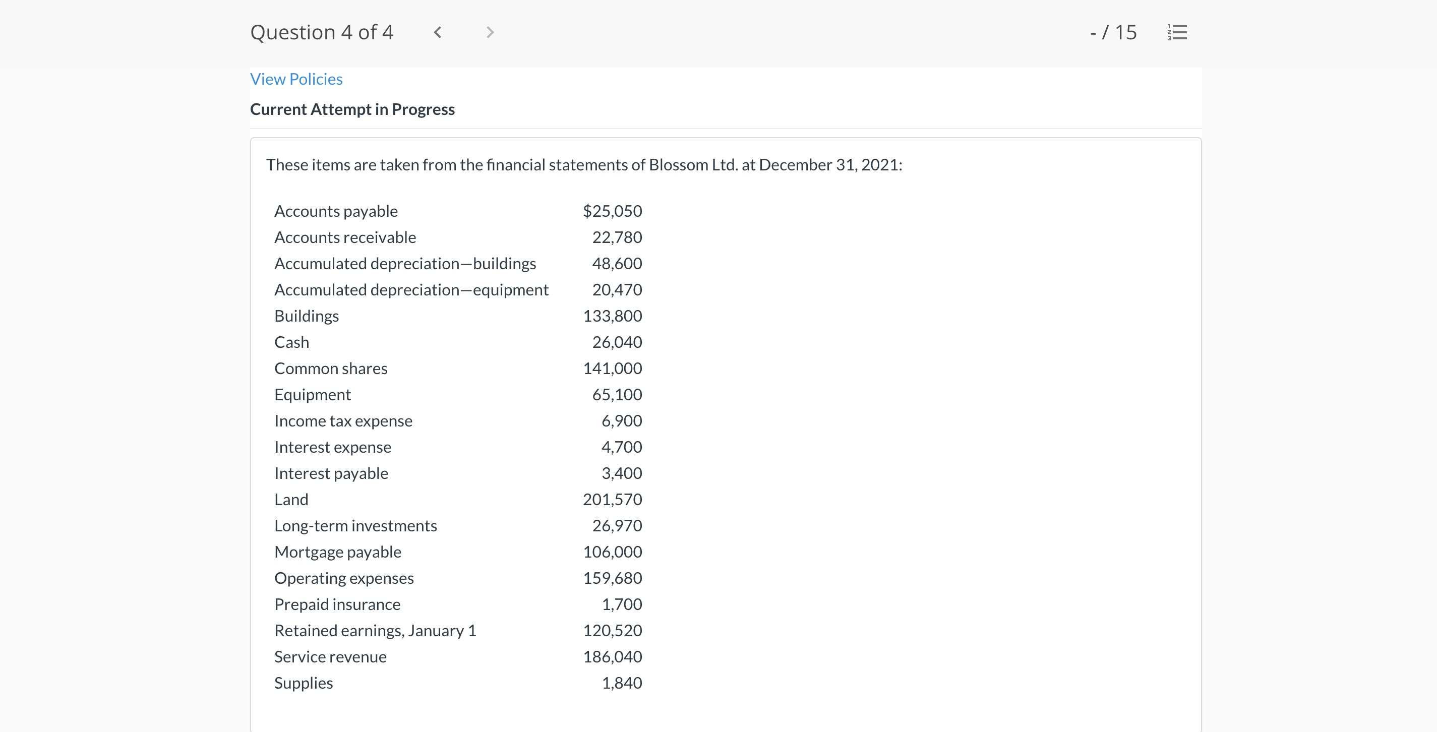 Solved Question 4 of 4 - / 15 View Policies Current Attempt | Chegg.com
