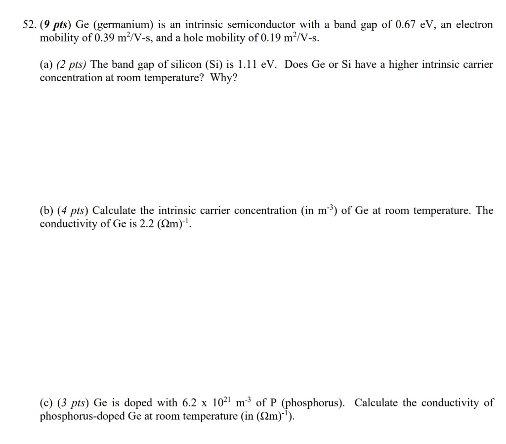 Solved 52. (9 pts) Ge (germanium) is an intrinsic | Chegg.com