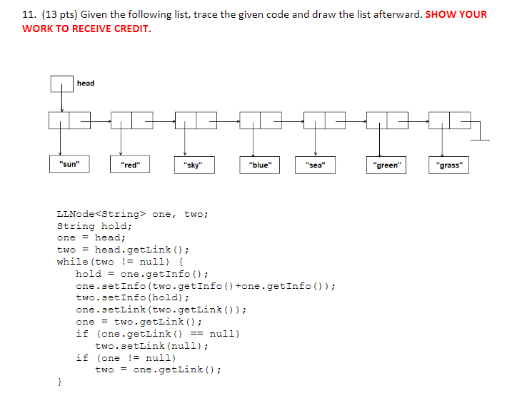 Solved 11. (13 pts) Given the following list, trace the | Chegg.com