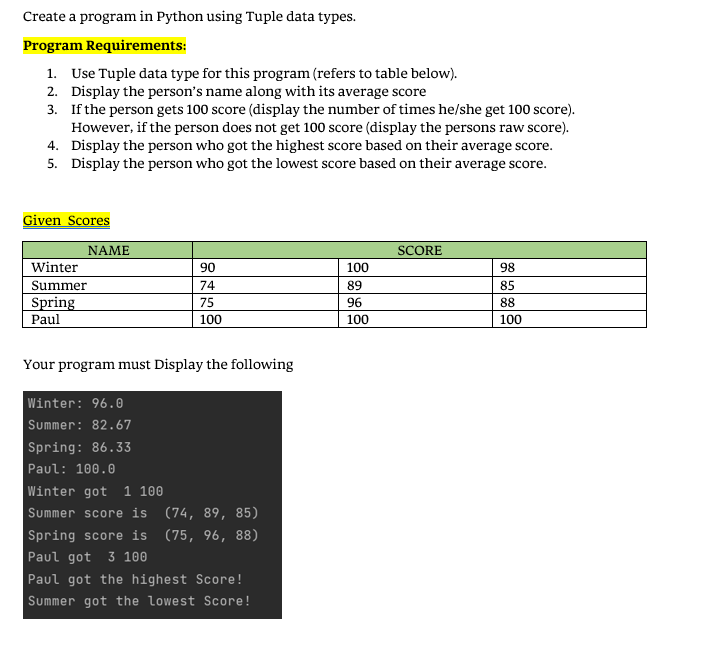 Solved Create A Program In Python Using Tuple Data Types