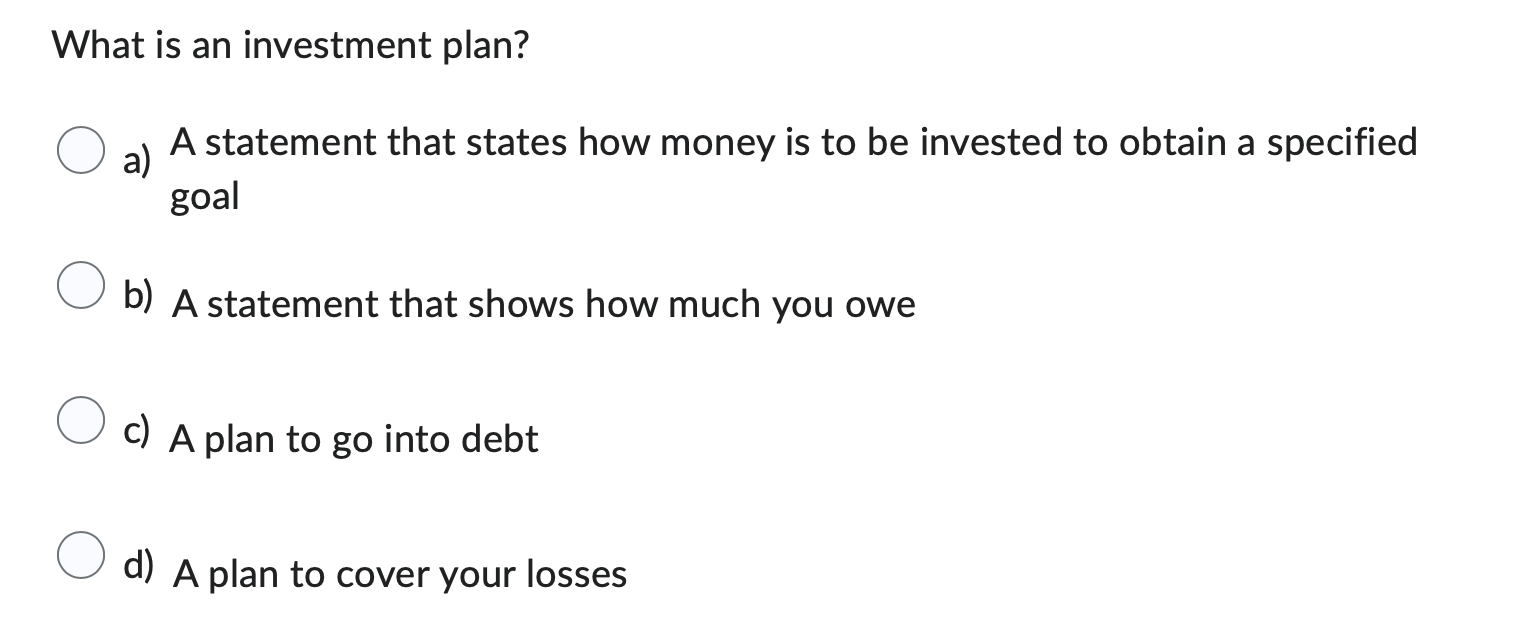 Solved What is an investment plan? a) A statement that | Chegg.com