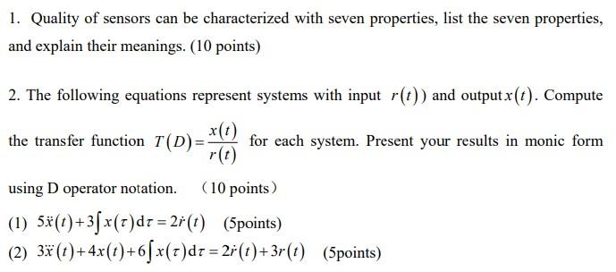 Solved 1. Quality of sensors can be characterized with seven | Chegg.com