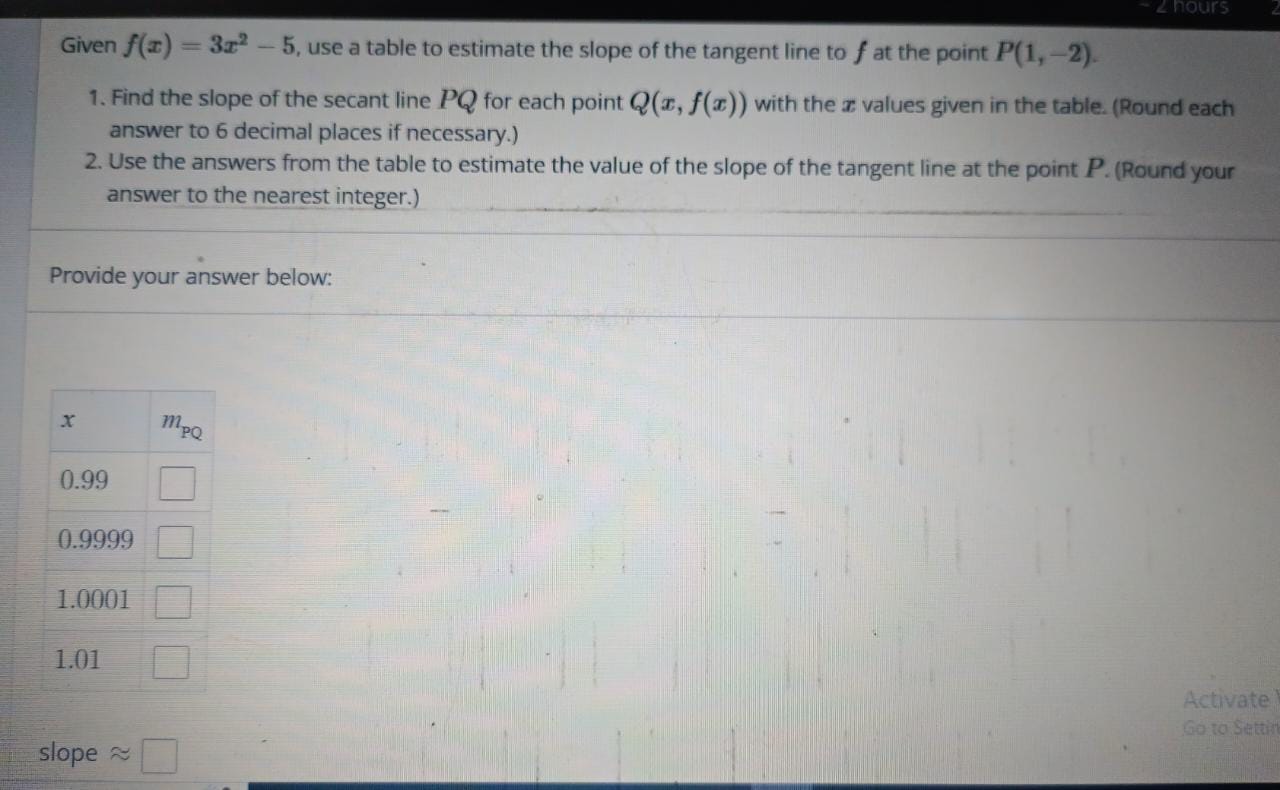 Solved Given f(x)=3x2−5, use a table to estimate the slope | Chegg.com
