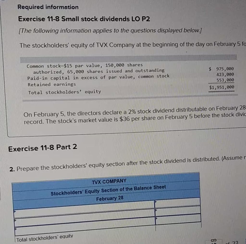 Solved Required information Exercise 11-8 Small stock | Chegg.com