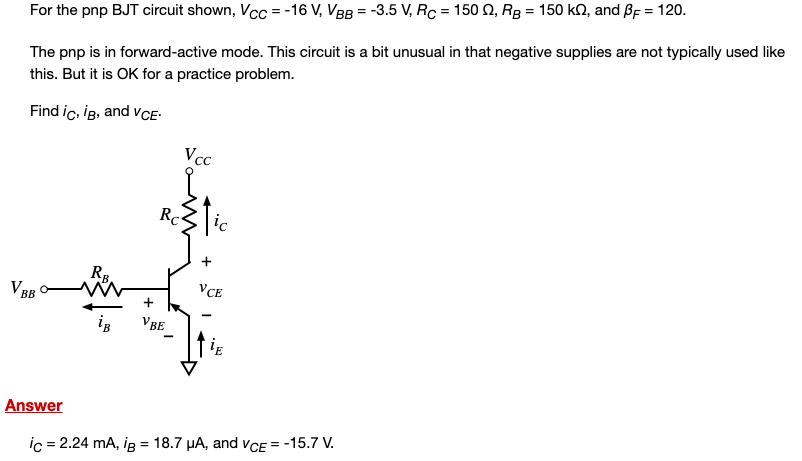 Solved For the pnp BJT circuit shown, Vcc = -16 V, VBB = | Chegg.com