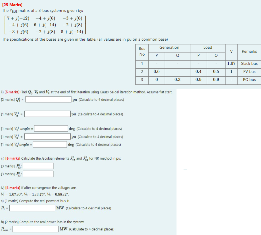 Solved [25 Marks] The YBus matrix of a 3-bus system is | Chegg.com