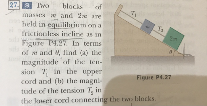 Solved 27 SI Two blocks of T masses m and 2m are held in | Chegg.com