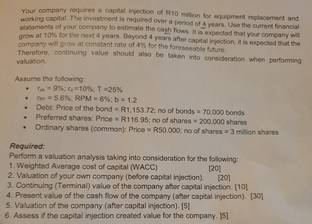 Solved Your company requires a capital injection of R10 | Chegg.com