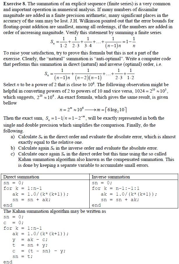 Solved Exercise 8. The summation of an explicit sequence | Chegg.com