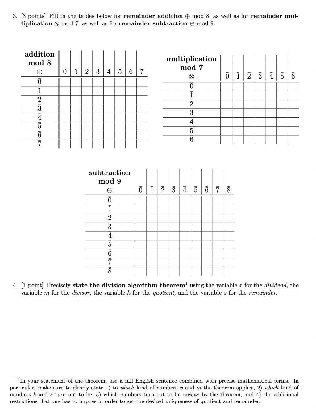 Solved 3. 3 points Fill in the tables below for remainder | Chegg.com