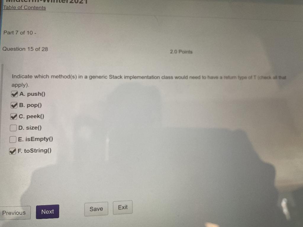Solved Table of Contents Part 7 of 10 - Question 15 of 28 20 | Chegg.com