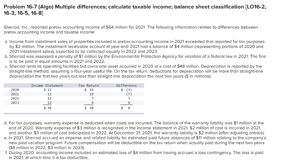 Solved Problem 16-7 (Algo) Multiple differences; calculate | Chegg.com
