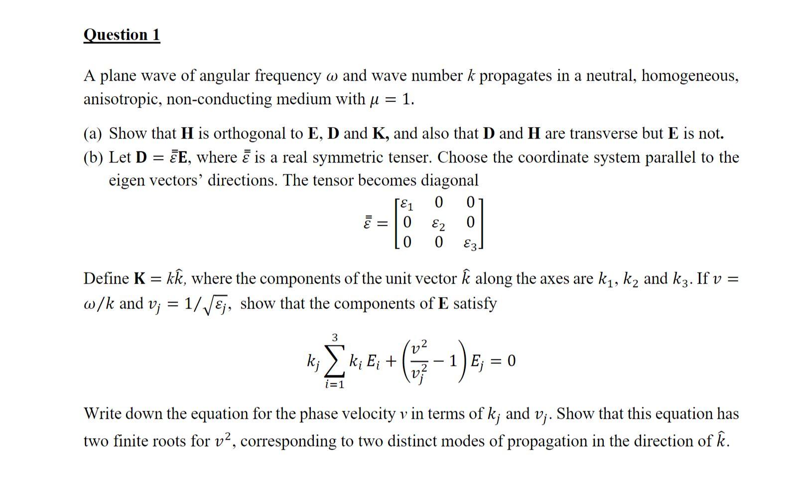 Question 1 a A plane wave of angular frequency w and | Chegg.com