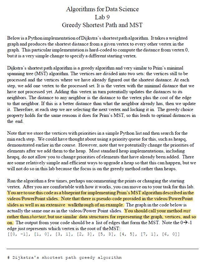 Solved Please provide help with python code for Prim's | Chegg.com