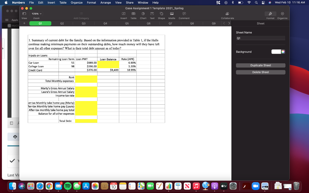 Numbers Filo Edit Insert Tablo Organize Format | Chegg.com