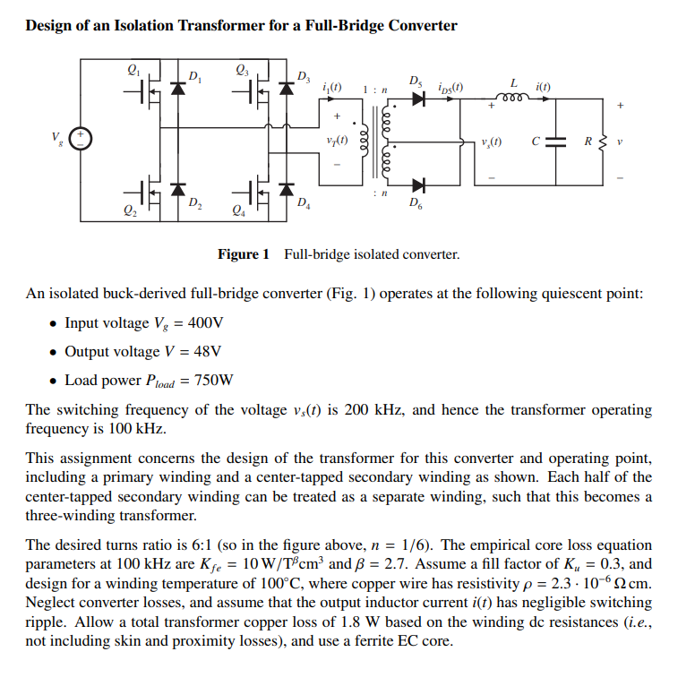 Design of an Isolation Transformer for a Full-Bridge | Chegg.com