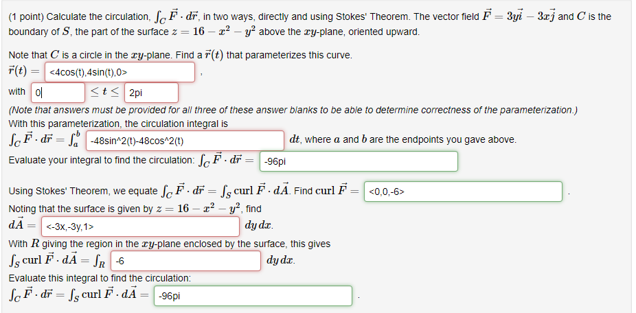 Solved 1 point) Calculate the circulation, Jc F dr, in two | Chegg.com
