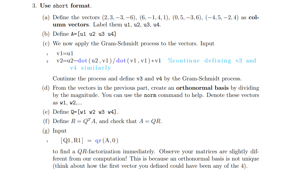 Solved Use short format. (a) Define the vectors | Chegg.com