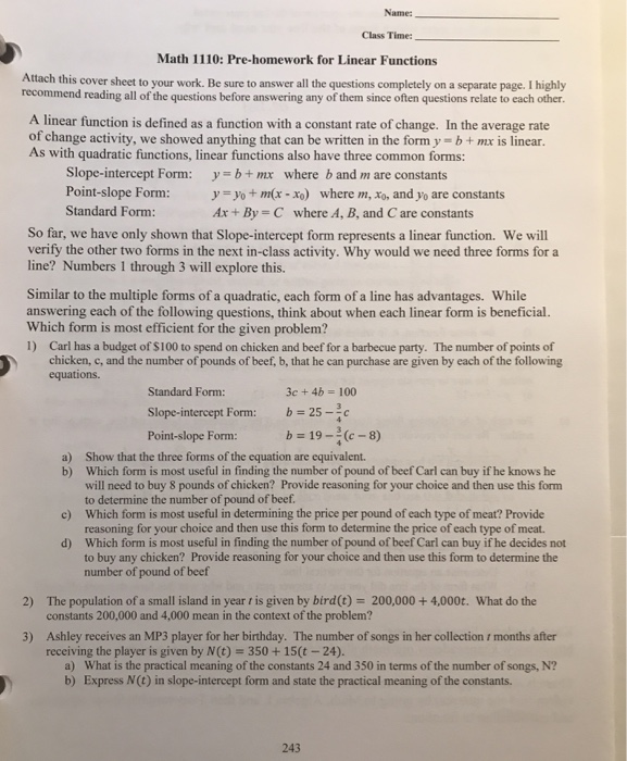 Solved Name Class Time Math 1110 Pre Homework For Linear