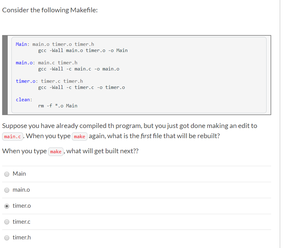 Solved Consider the following Makefile: Main: main.o timer.o | Chegg.com