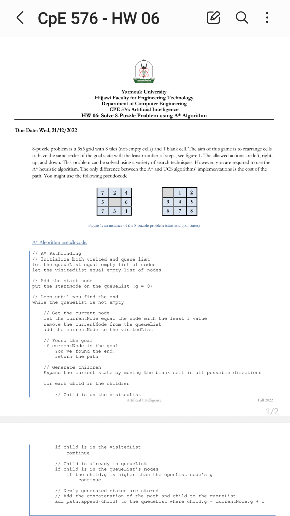 Solved 8-puxzle problem is a 3×3 grid with B tiles | Chegg.com