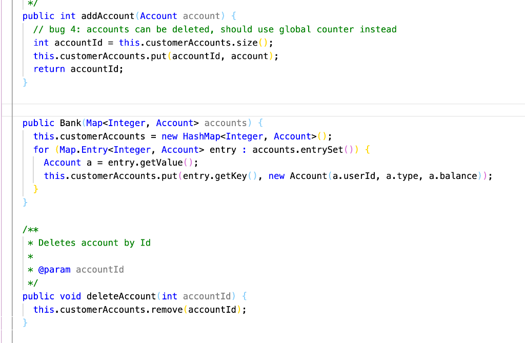 Solved public int addAccount Account account) { // bug 4: | Chegg.com
