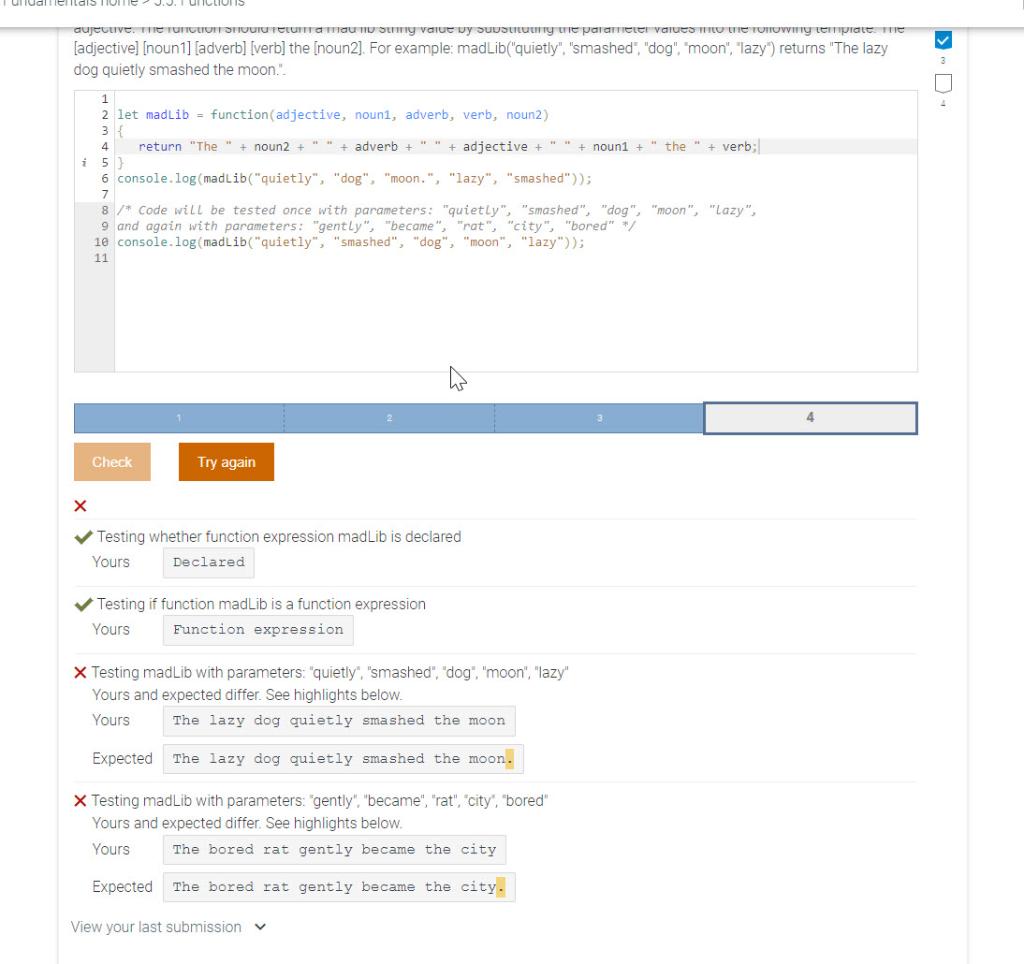 Solved Assign a variable madLib to a function expression | Chegg.com
