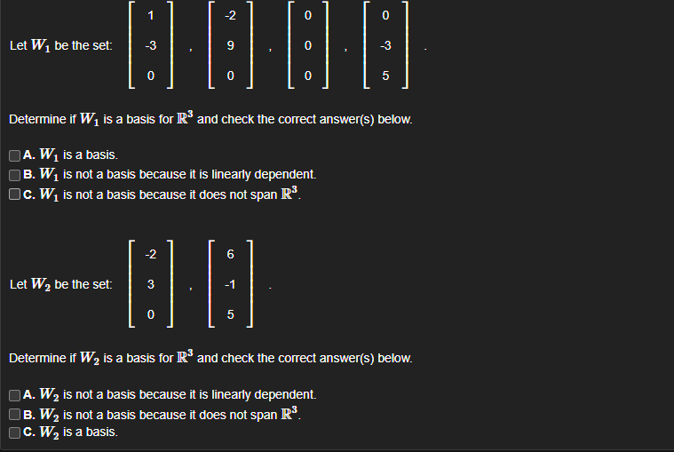 Solved Let W1 be the set: [−30],[90],[00],[−35] Determine if | Chegg.com