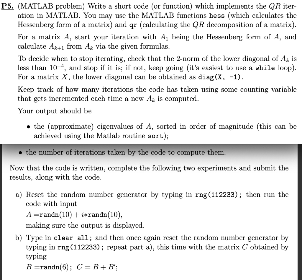 P5. (MATLAB problem) Write a short code (or function) | Chegg.com